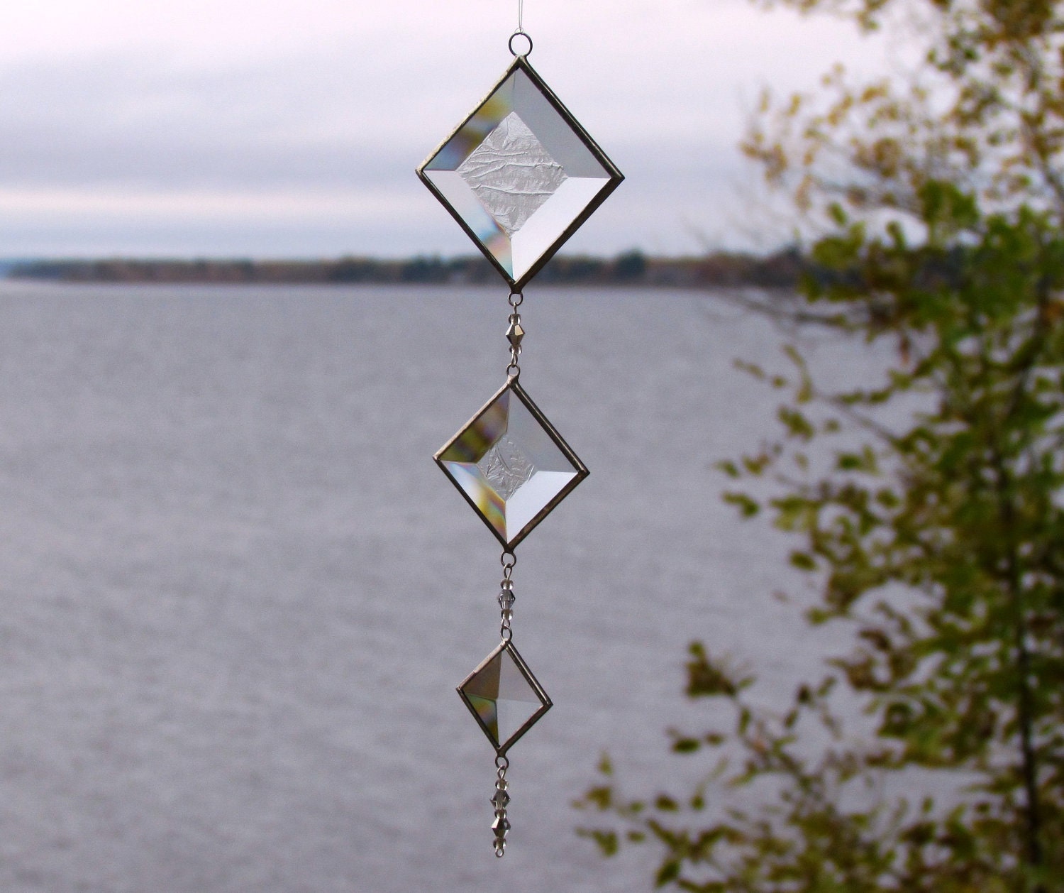 Mobile String of Clear Textured Glass Bevels and Beads Stained | Etsy