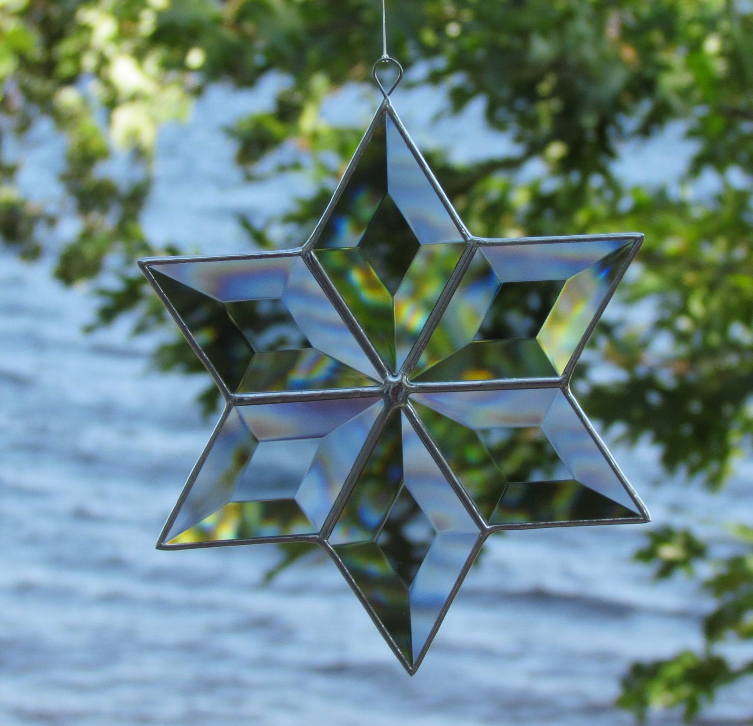 Grey beveled stained glass six-pointed star suncatcher. | Etsy