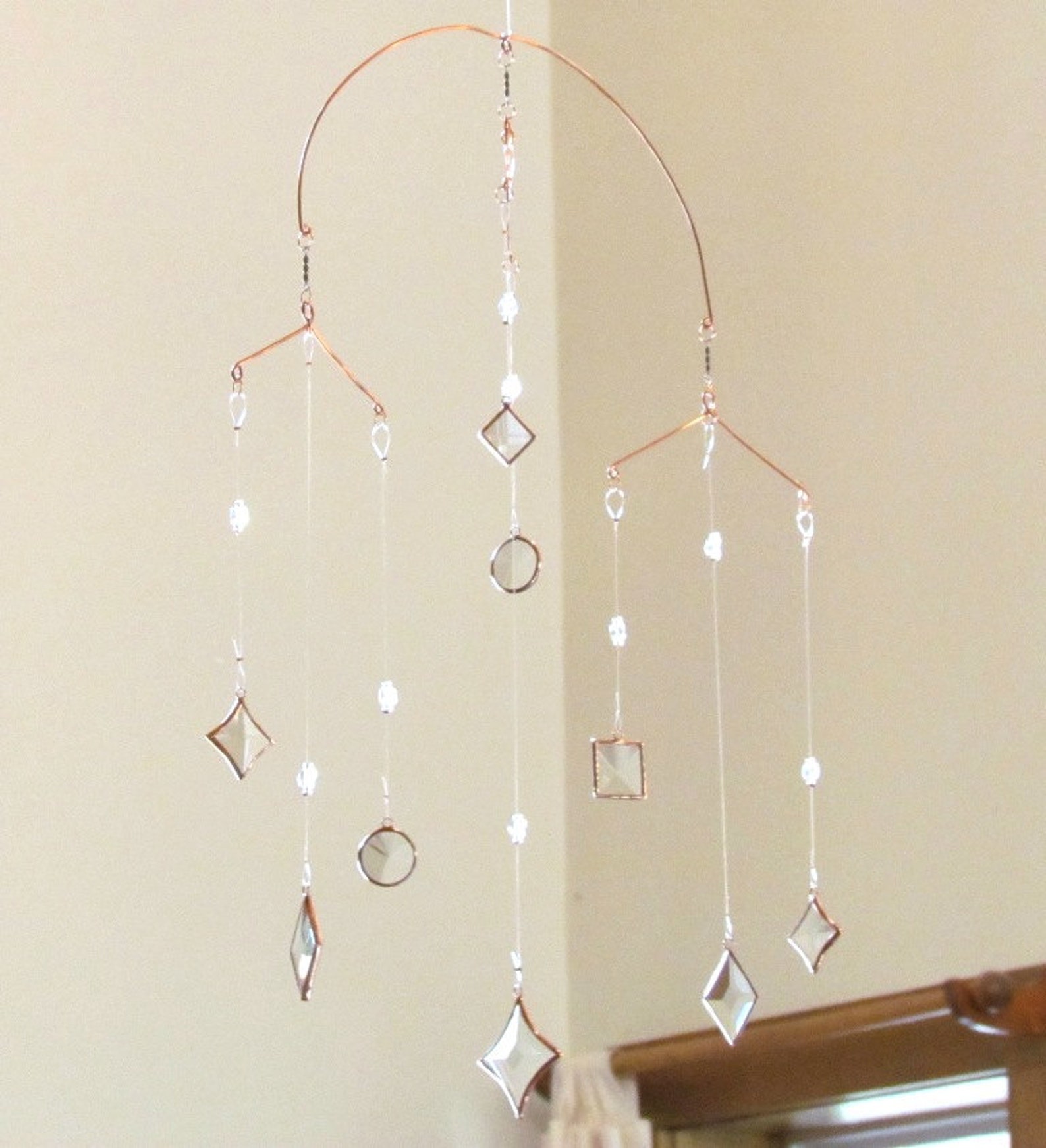 Geometric Hanging Mobile Glass Crystal and Copper Stained Glass Art ...