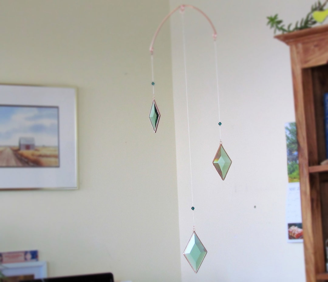 Hanging Crystal Mobile, Emerald Green Beveled Stained Glass and Copper ...