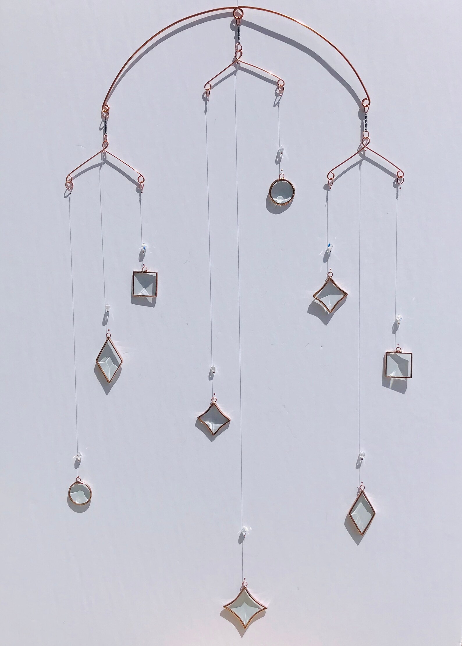 Geometric Hanging Mobile Glass Crystal and Copper Stained Glass Art ...