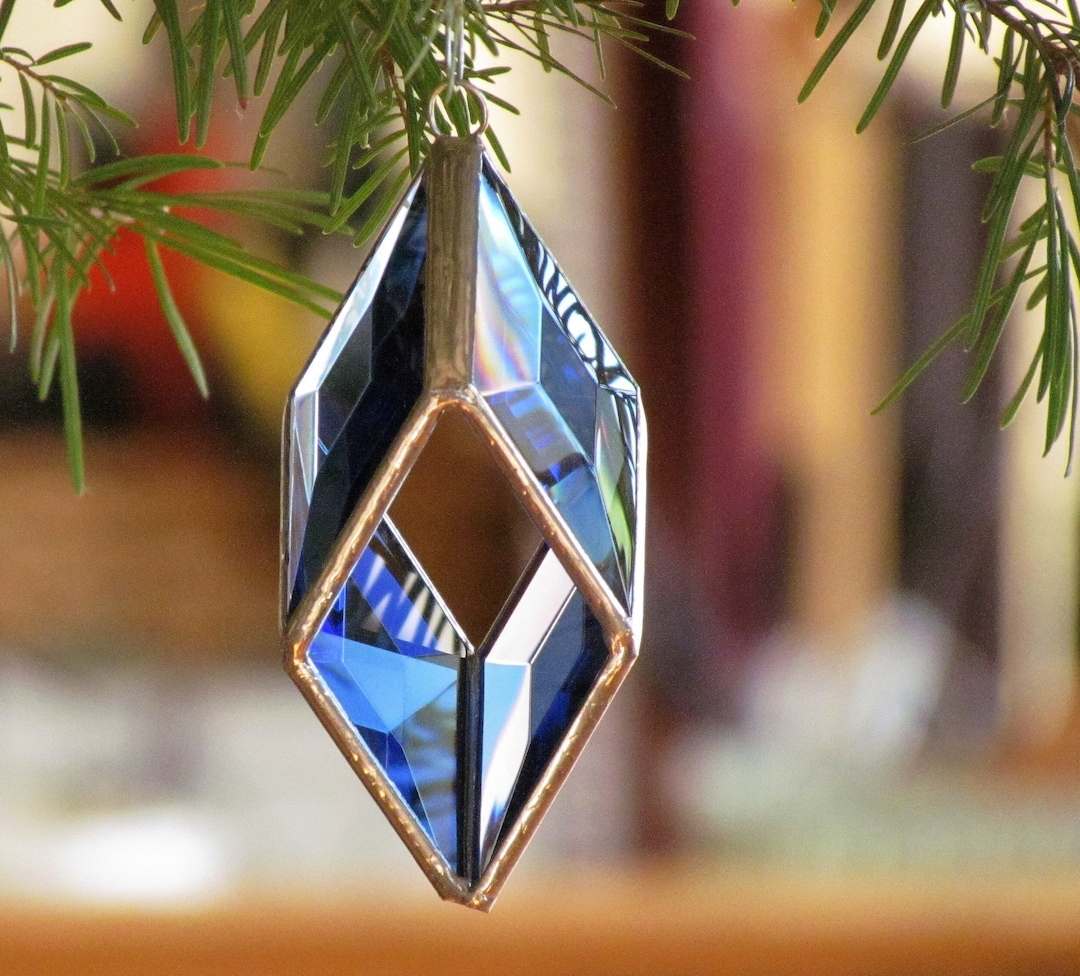 Christmas Tree Ornament - Glass Crystal Chevron Prism - 3D Blue Beveled ...