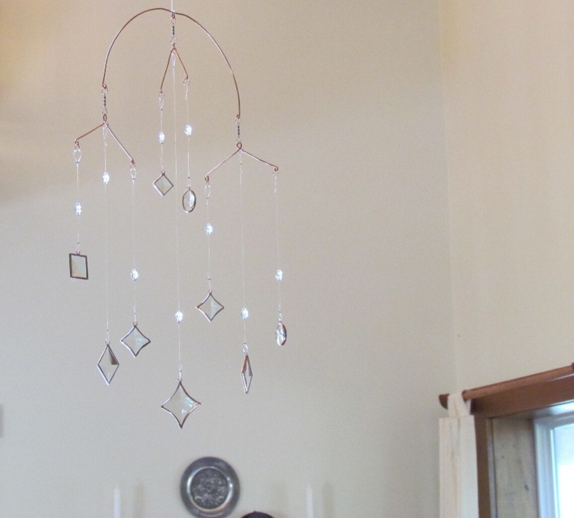 Geometric Hanging Mobile Glass Crystal and Copper Stained Glass Art ...