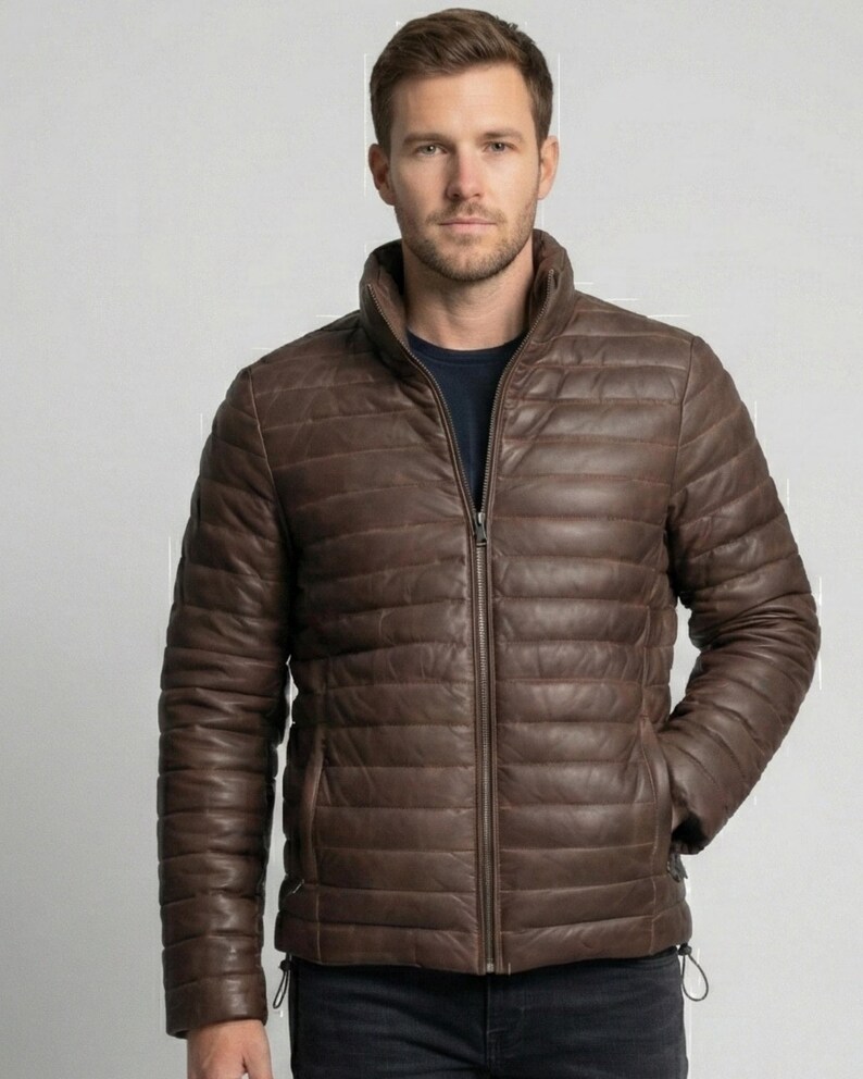 Mens Real Lambskin Leather Puffer Jacket Distressed Brown Quilted ...