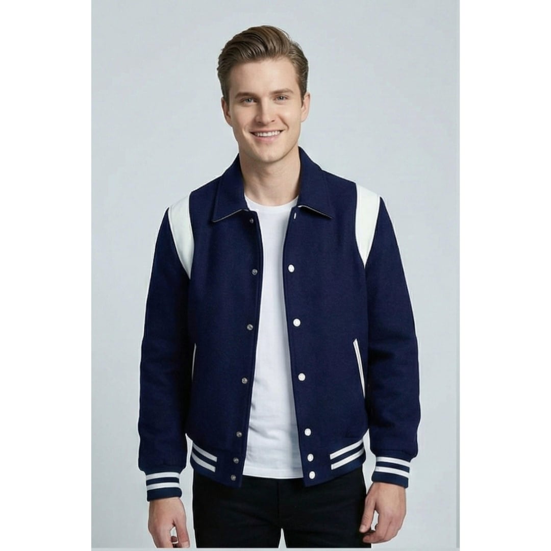 Men's Navy Blue Wool Varsity Jacket White Accents Letterman Bomber ...