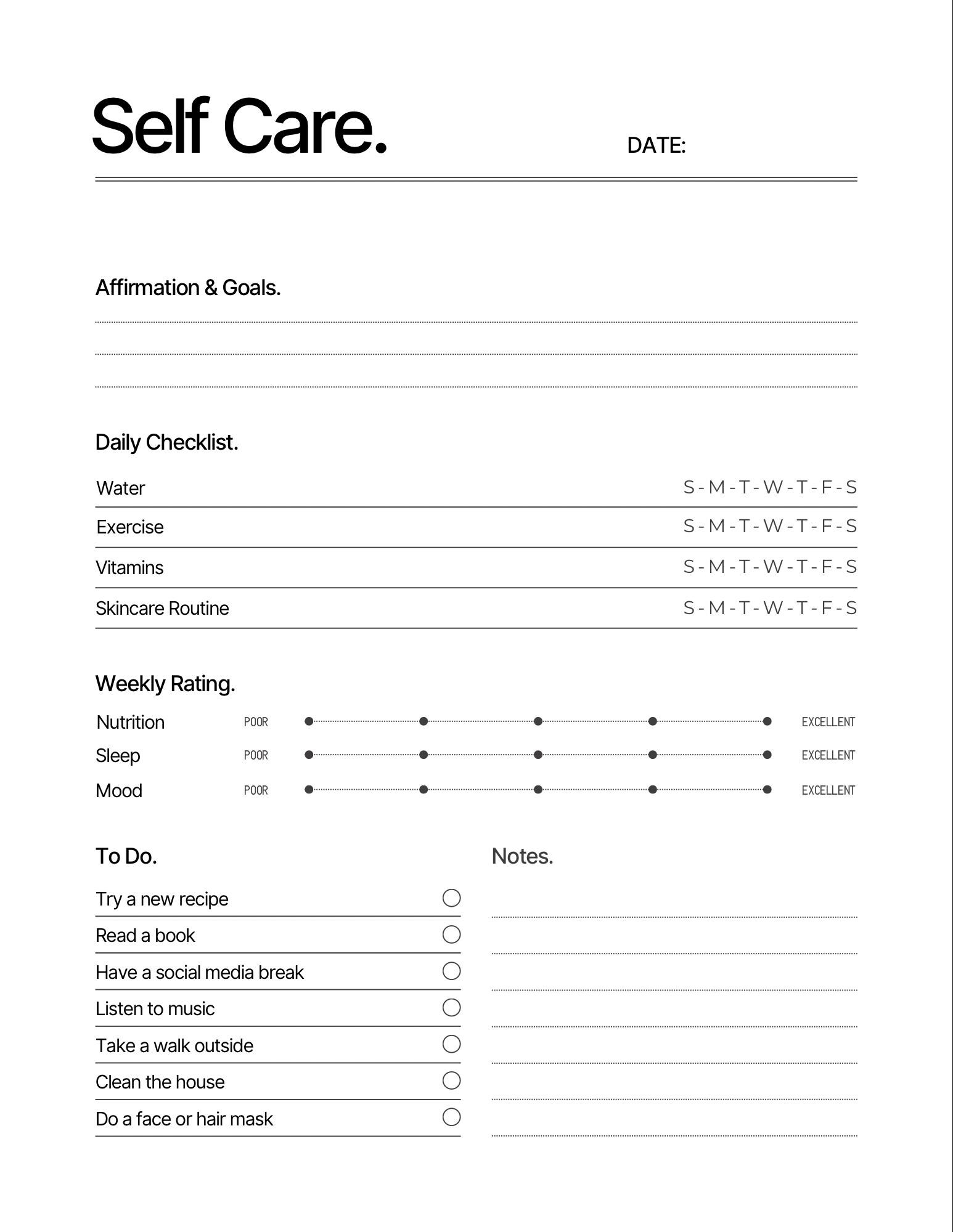 Self Care Tracking Sheet - Etsy