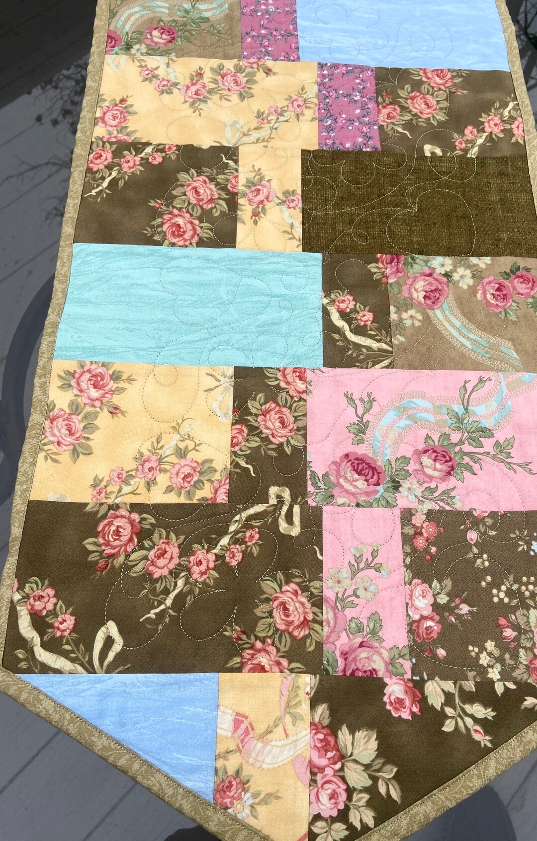 Quilted Runner, Roses, Pinks, Yellows, Greens, Quilted Hearts and Flowers - Etsy