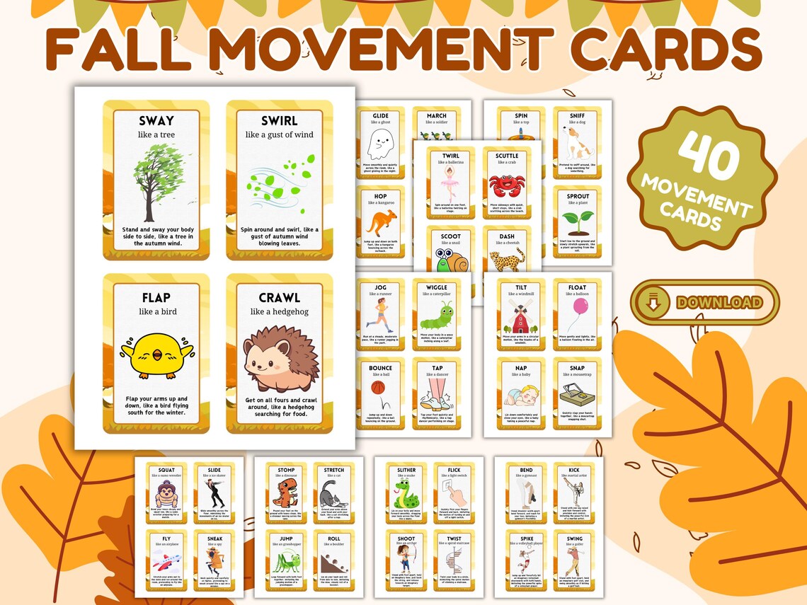 Fall Gross Motor Activity Cards for Kids: Autumn-themed (printable PDF ...