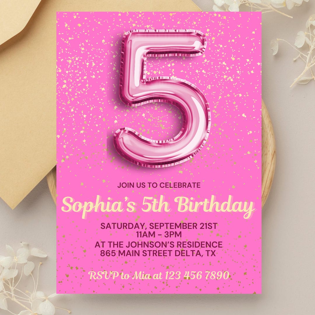 Girls Pink 5th Birthday Invitation Digital Printable Editable Template ...