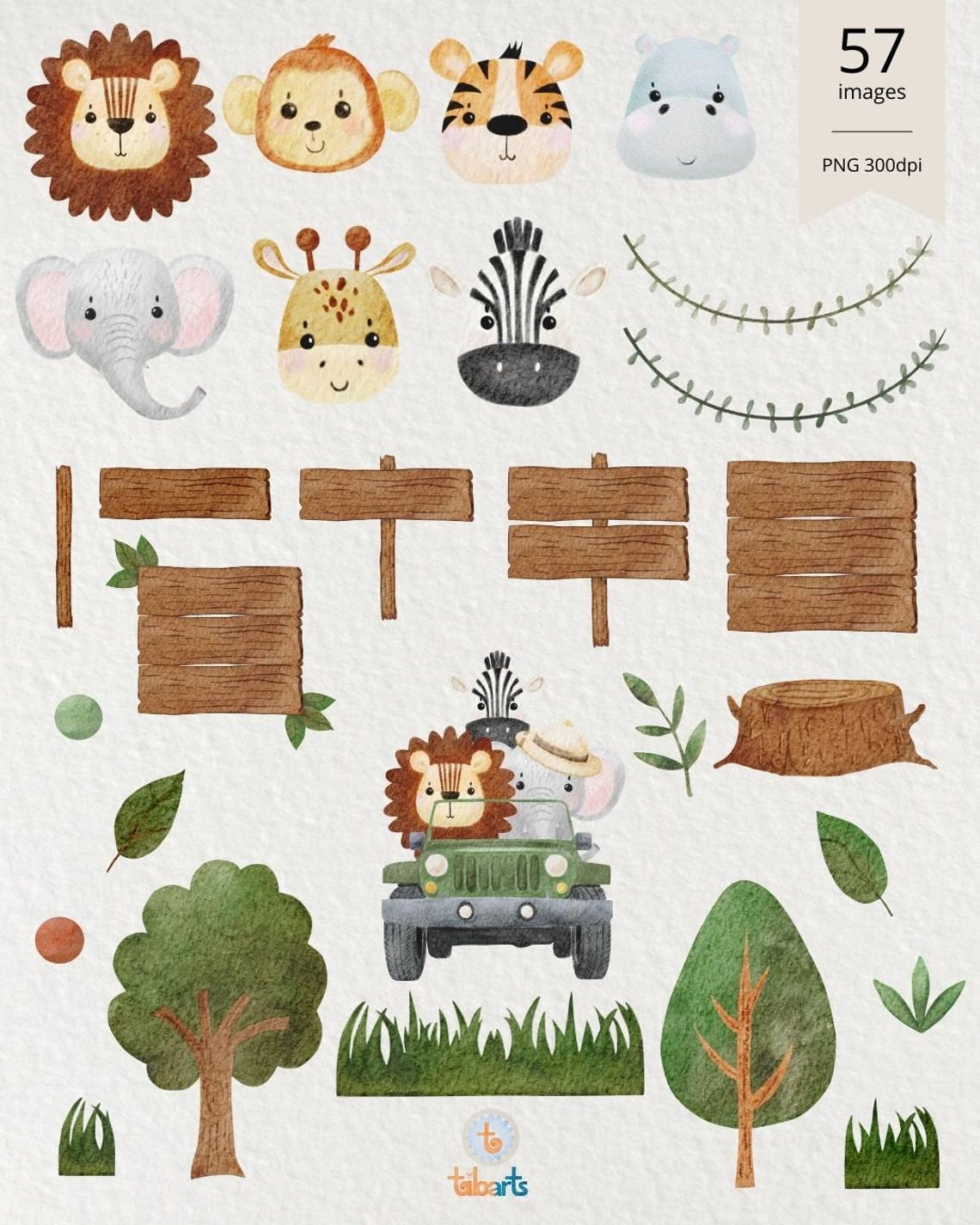 Safari Watercolor Clipart PNG – Jungle Animals Lion, Elephant, Zebra ...