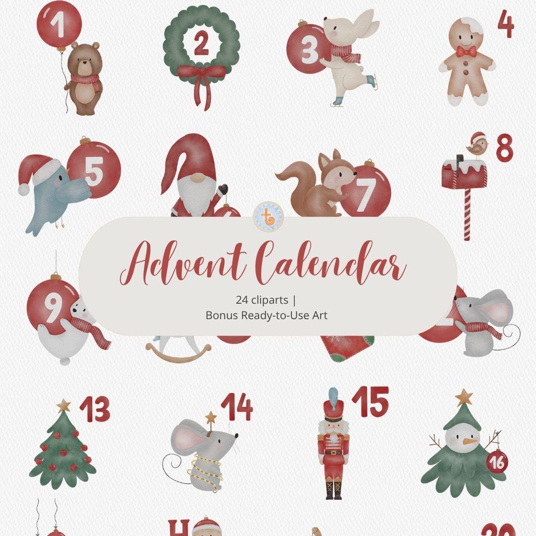 Christmas Advent Calendar Clipart Watercolor Cute Animals Numbers 1-24 ...