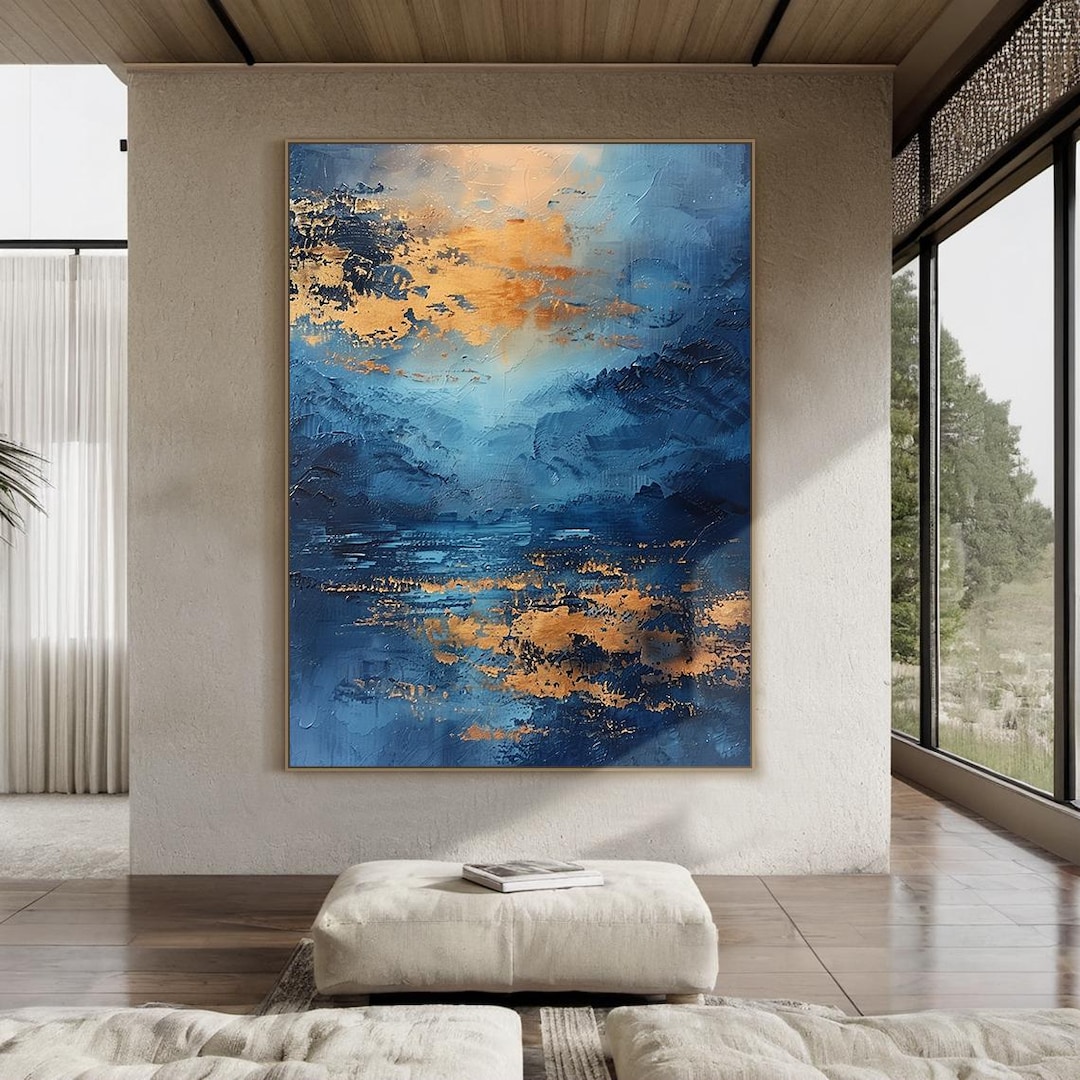 Large Blue Mountains Abstract Oil Painting, Blue Textured Mountains ...