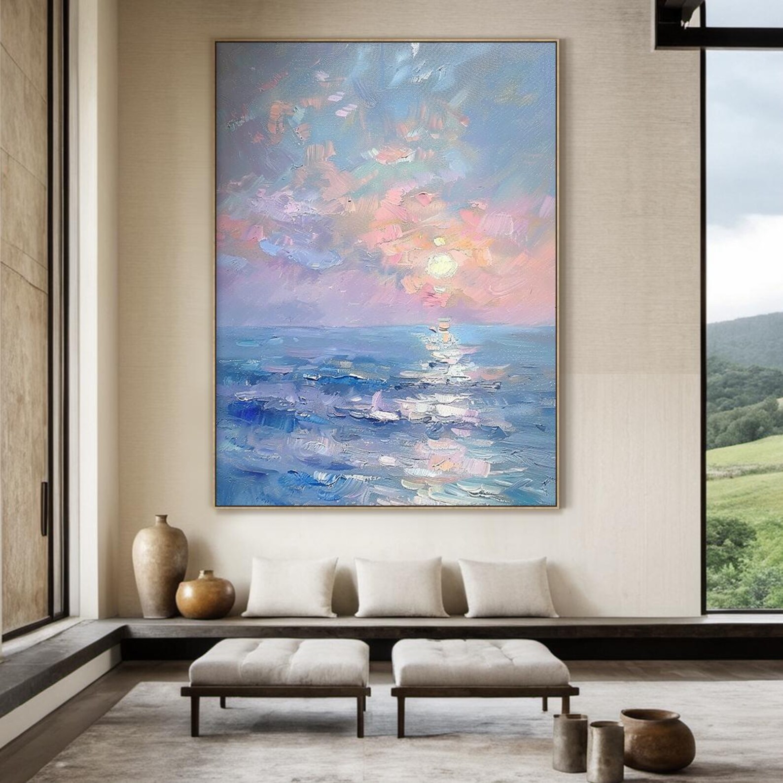 Blue Calm Sea Level Abstract Painting, Ocean Sunrise Landscape Oil ...