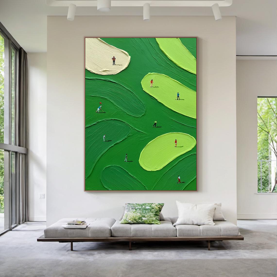 Large Golf Course Acrylic Painting – Textured Green Impasto Painting ...