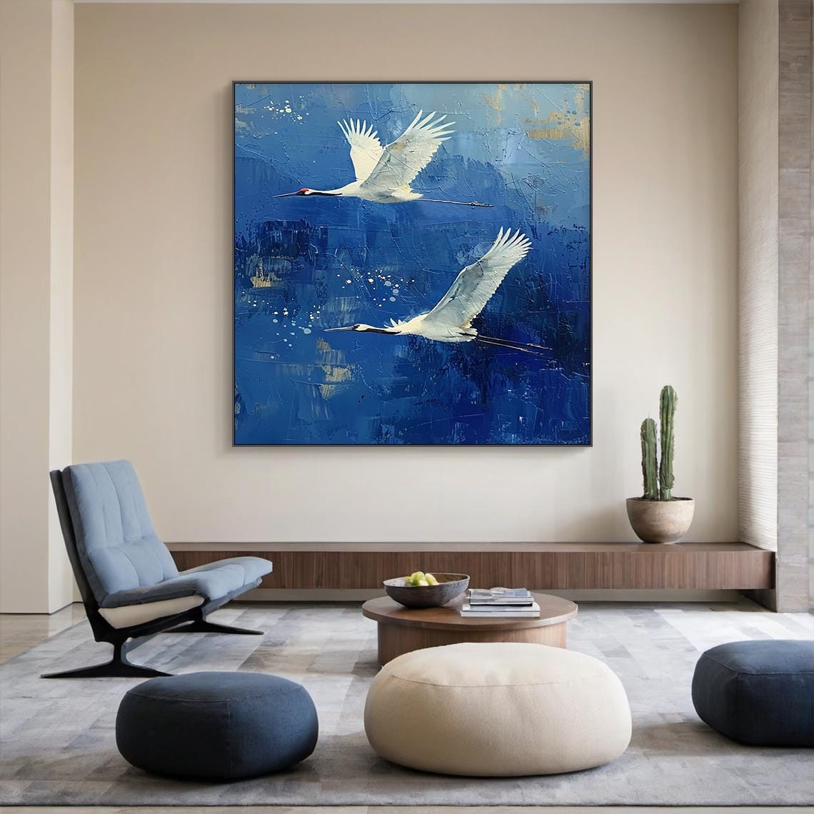Large Blue Abstract Painting Blue Simple Wall Art White Crane Bird ...
