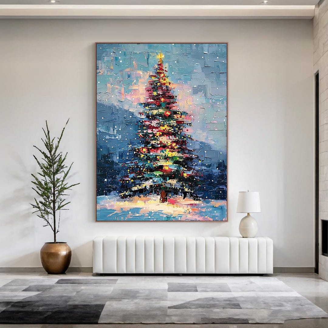 Large Christmas Tree Oil Painting - Colorful Winter Wall Art - Hand ...