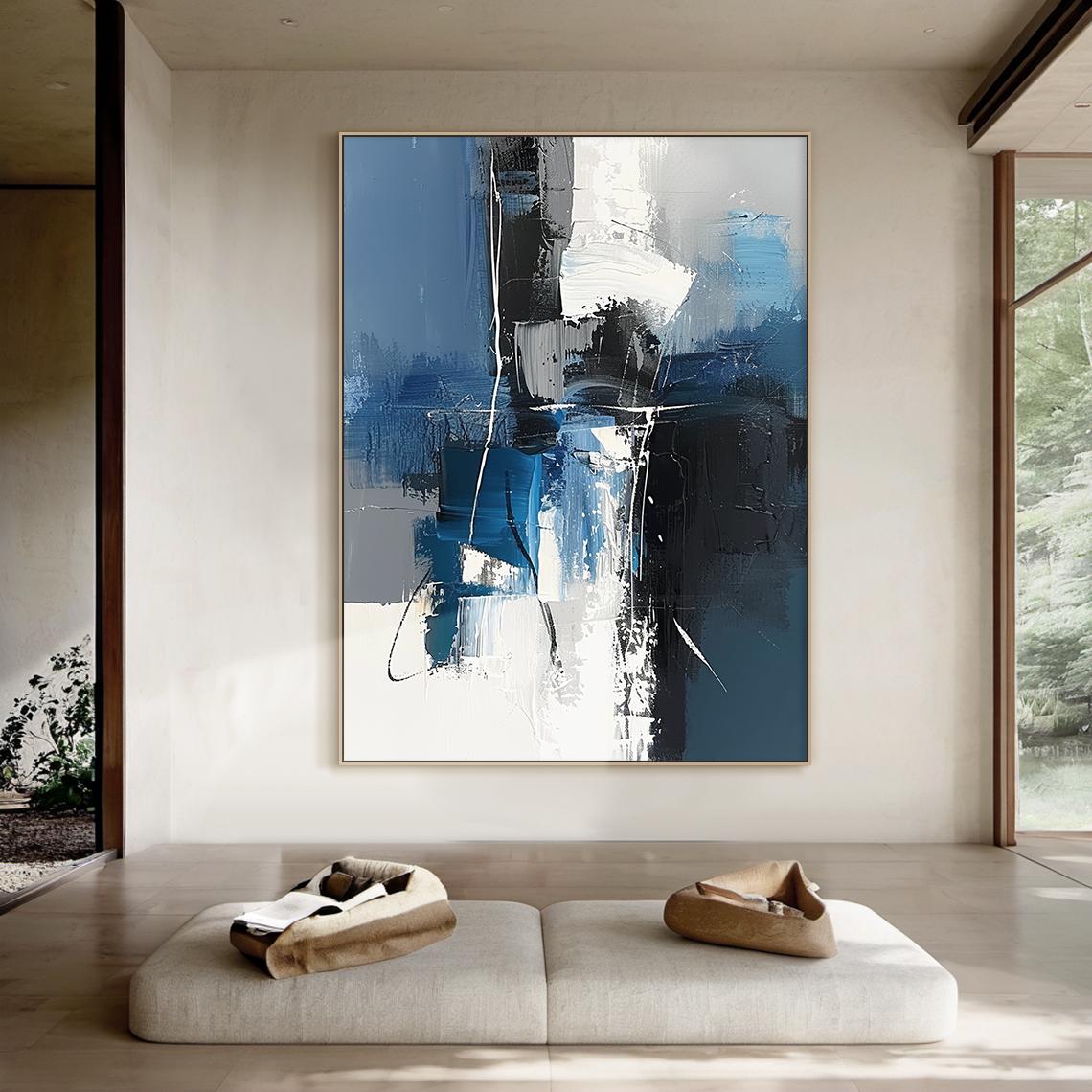 Large Blue Abstract Oil Painting, Black and White Minimalist Wall Art ...