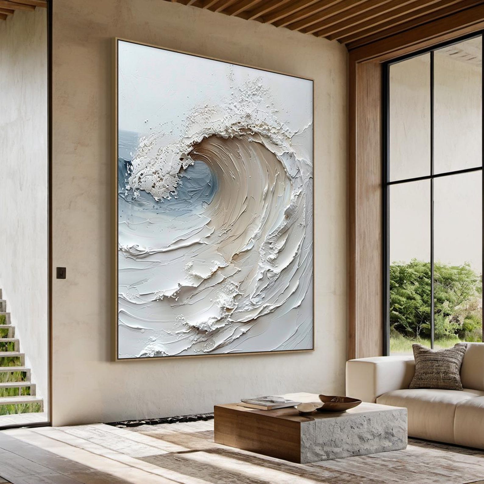 Large Surging White Wave Abstract Painting, Blue Wave Wall Painting ...