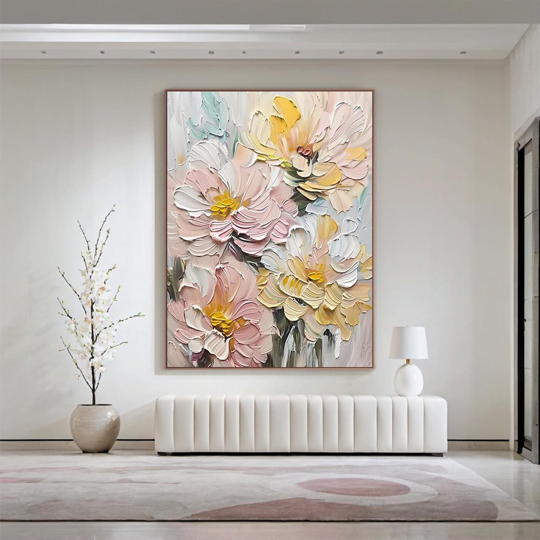 Large Floral Impasto Canvas, Pink Cream Yellow Peony, Palette Knife ...