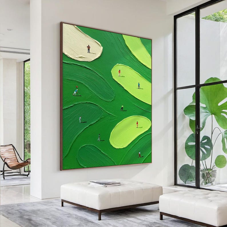Large Golf Course Acrylic Painting – Textured Green Impasto Painting ...