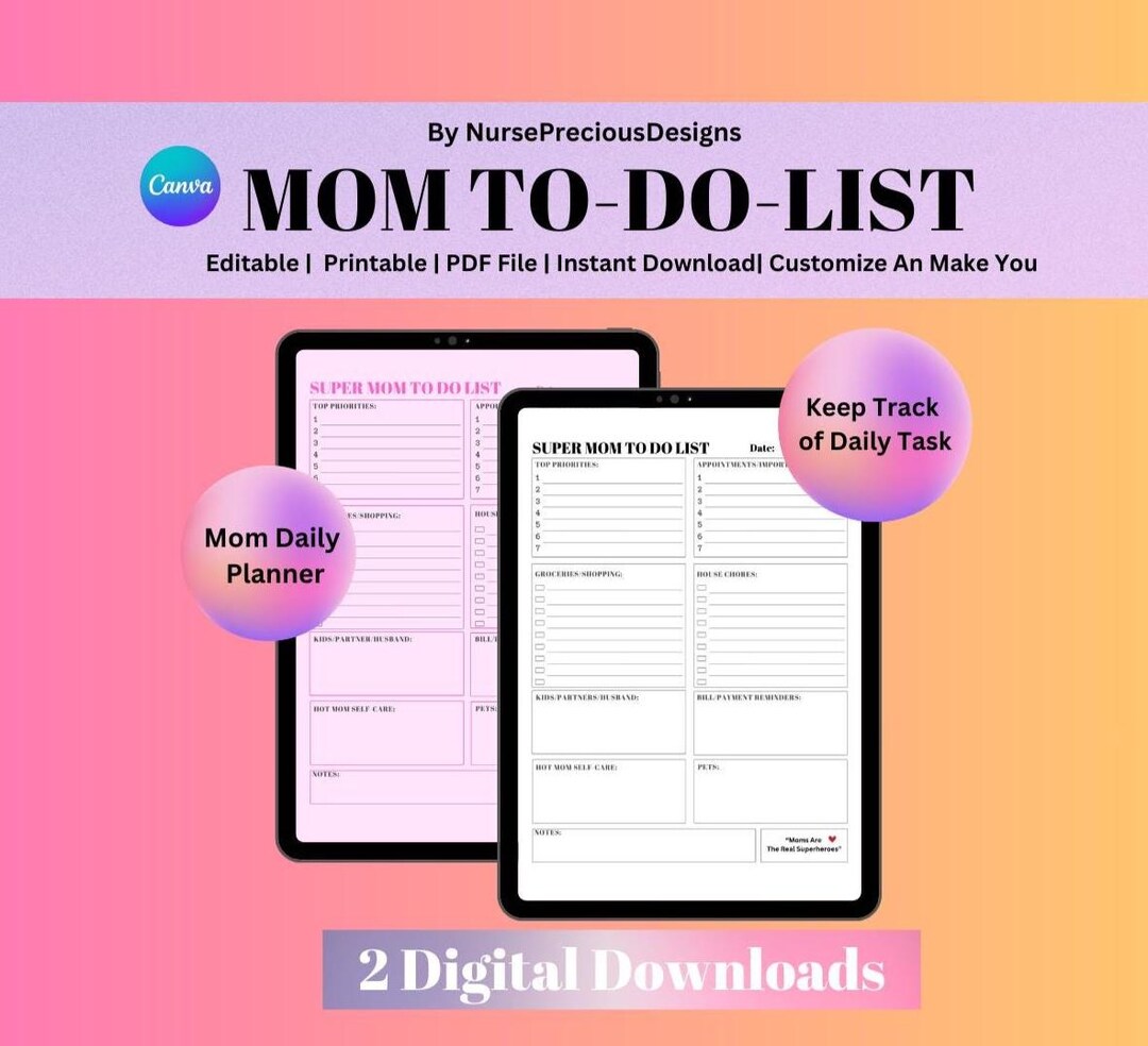 Busy Mom To-do List | Printable Task Tracker | Editable PDF | Instant ...