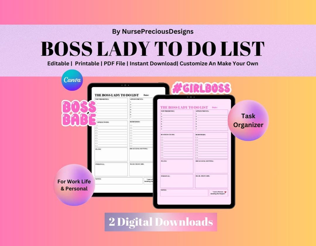 Boss Lady To-do List | Printable Task Tracker for Women | Editable PDF ...