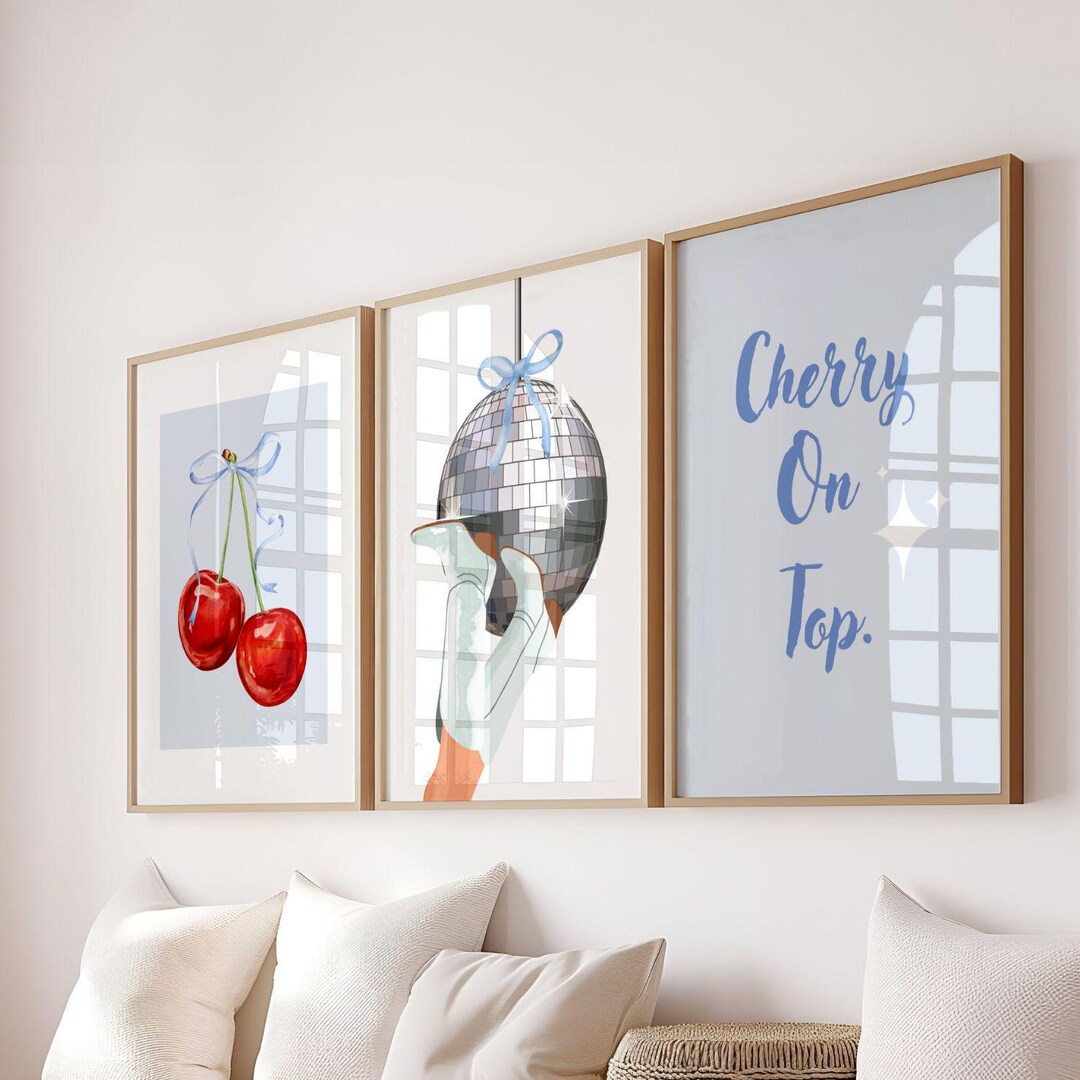 Trendy Cherry Prints Set of 3 Blue Coquette Bow Poster, Cowboy Boots ...