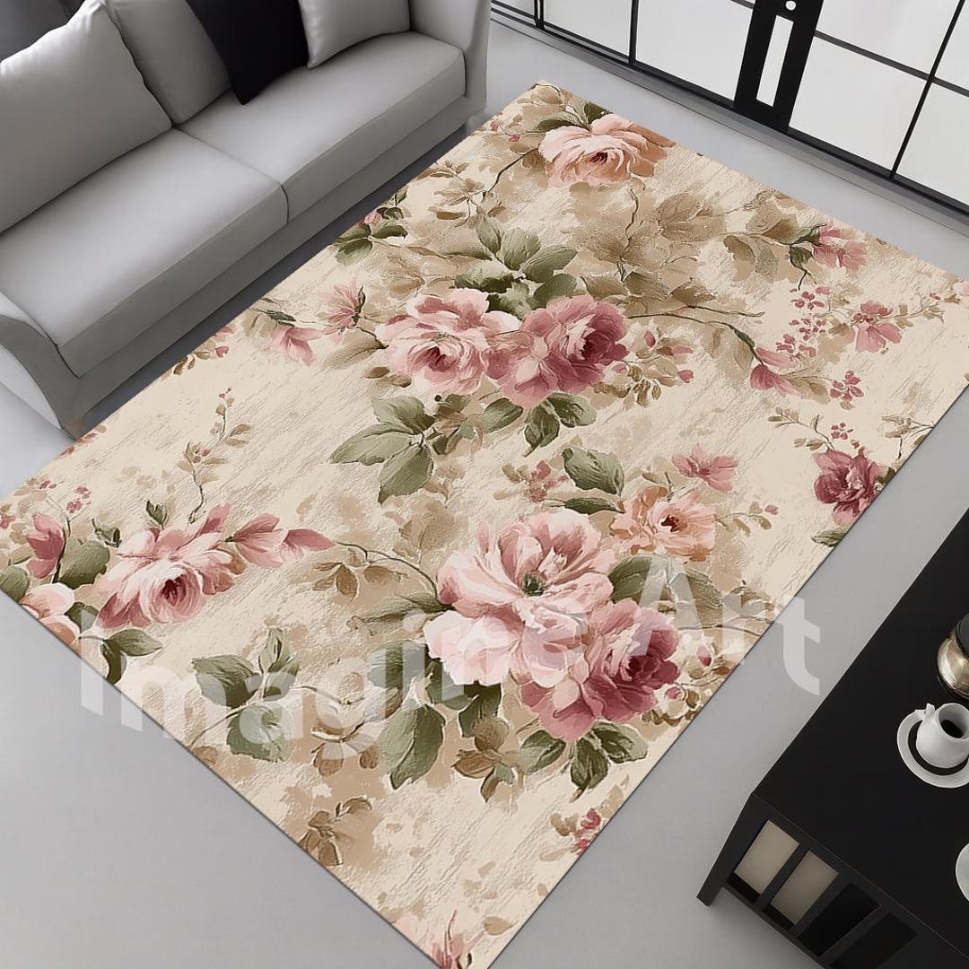Pink Roses Rug: Vintage Design Rose Art, Velvet Low Pile, Non-slip ...