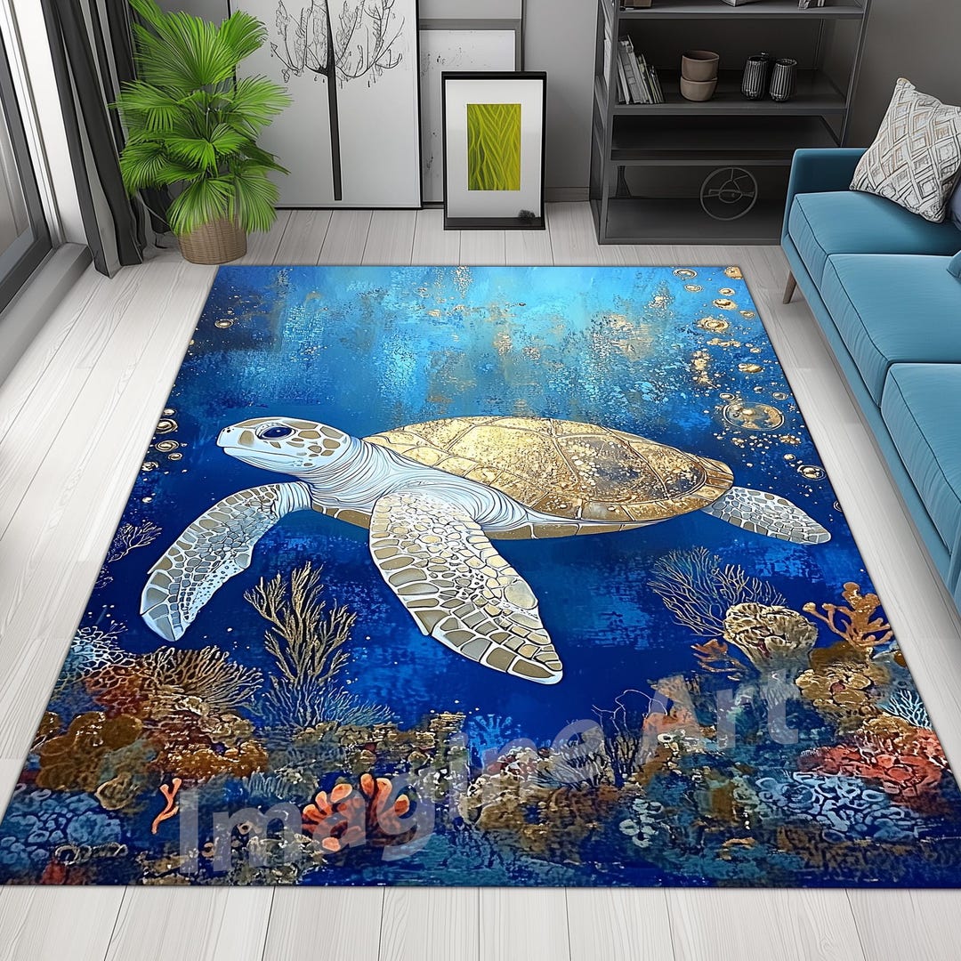 Painting Style Sea Turtle Rug, Turtle Area Rug, Ocean Area Rug, Sea ...