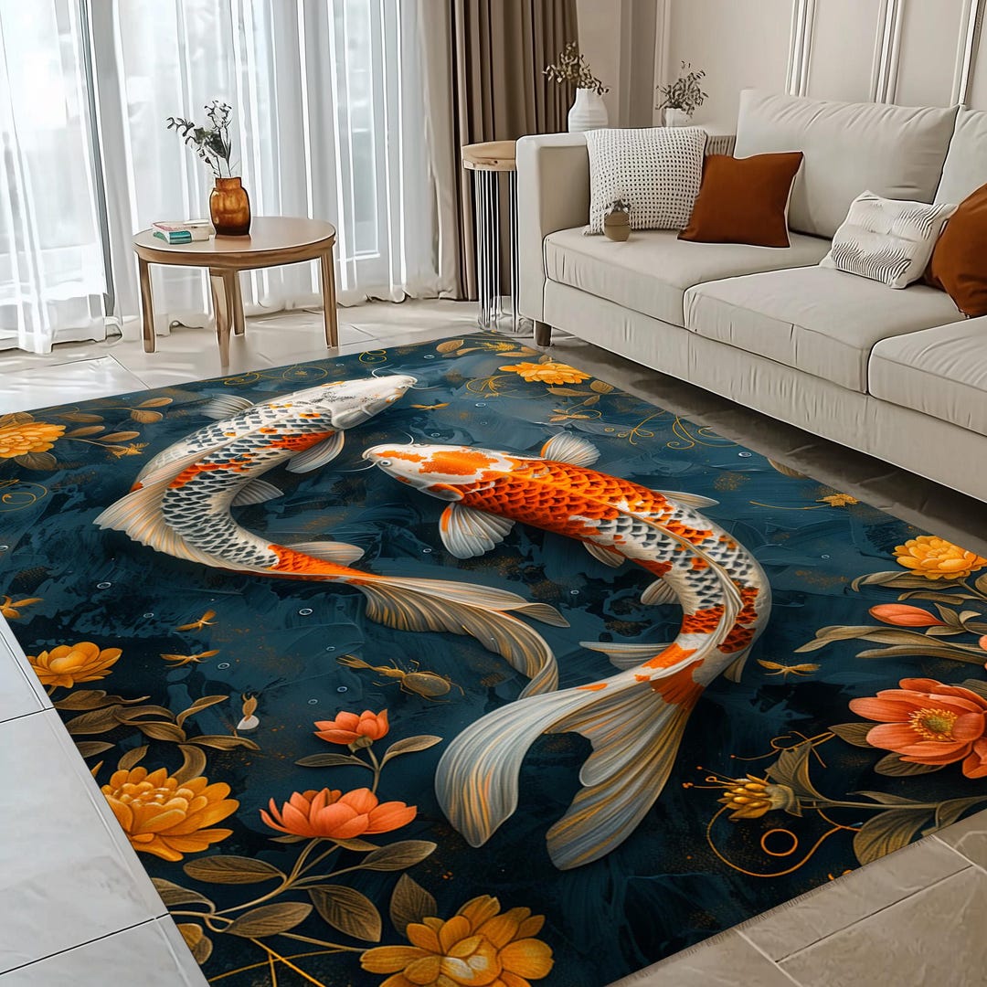 Japanese Koi Fish Rug, Orange Floral Fish Area Rug, Flowers Fish Rug ...