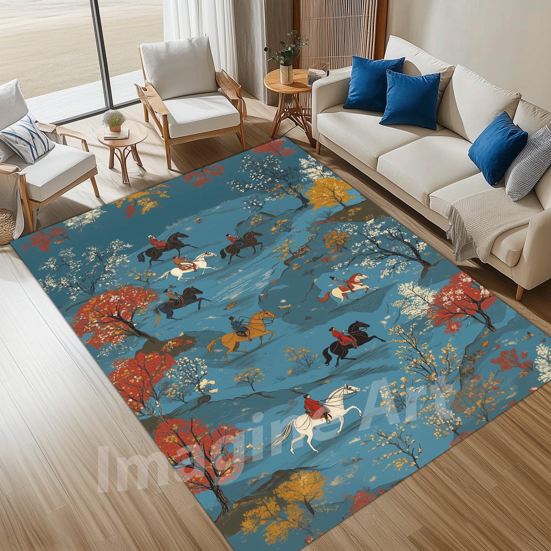 Tapestry Style Horses Rug, Persian Style Hunting Party Scene Rug ...