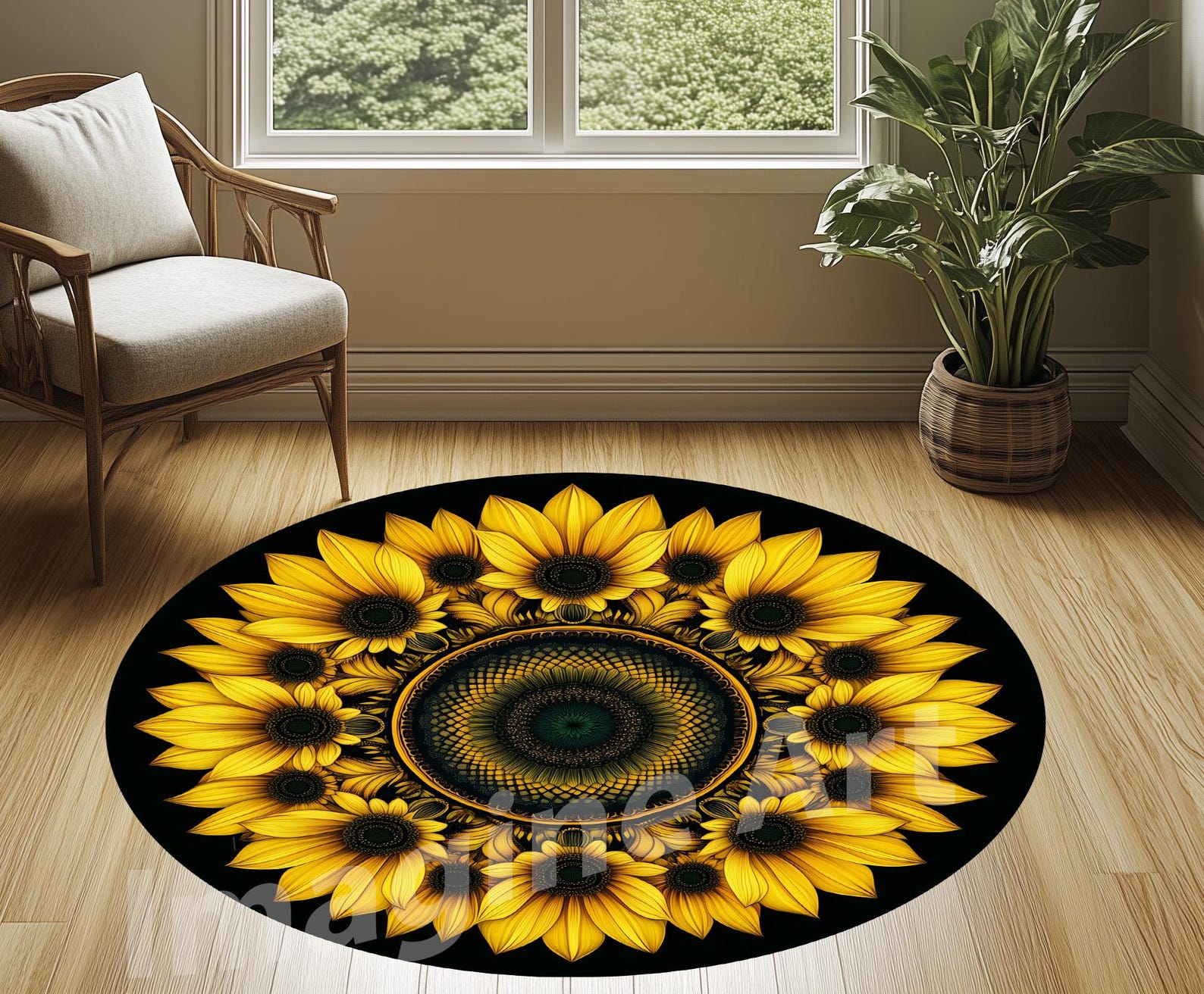 Round Sunflowers Rug, Round Flowers Rug, Round Floral Rug, Rustic ...