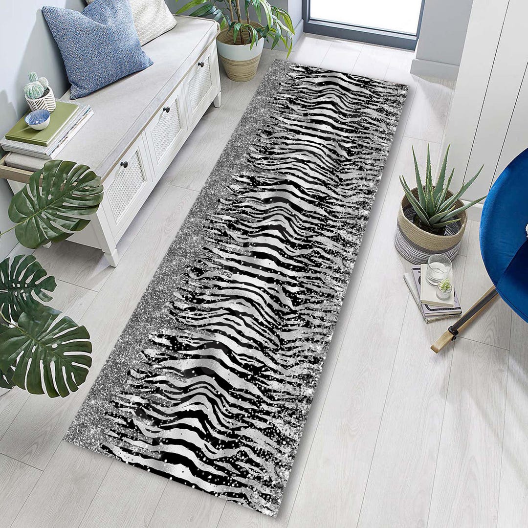 Zebra Print Runner Rug: Monochrome Animal Stripe, Glitter Look - Etsy