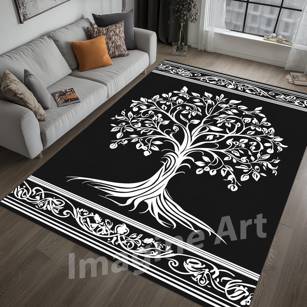 Black and White Tree of Life Area Rug: Oriental Style - Etsy