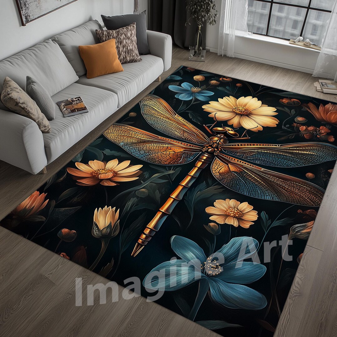Traditional Floral Dragonfly Area Rug, Oriental Floral Dragonfly Rug ...