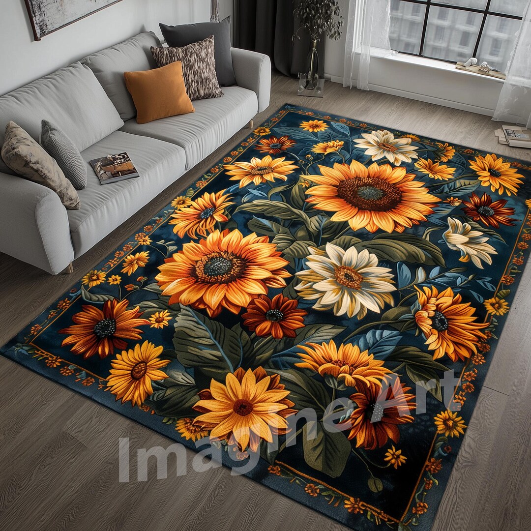 Sunflower Rug, Rustic Floral Area Rug, Sunflowers Area Rug, Flowers Rug ...