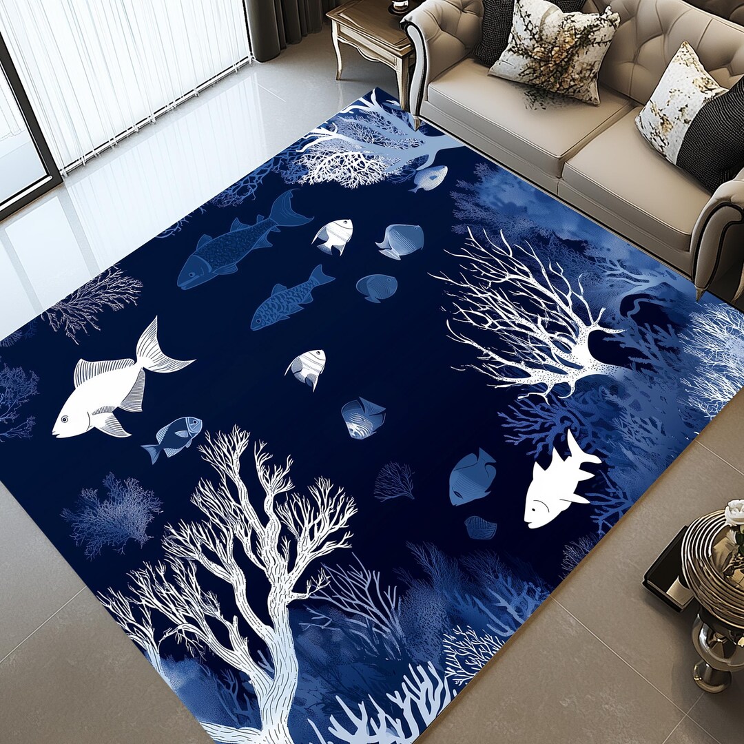Deep Blue Aquarium Rug, Modern Fish Rug, Fish Area Rug, Abstract Fish ...