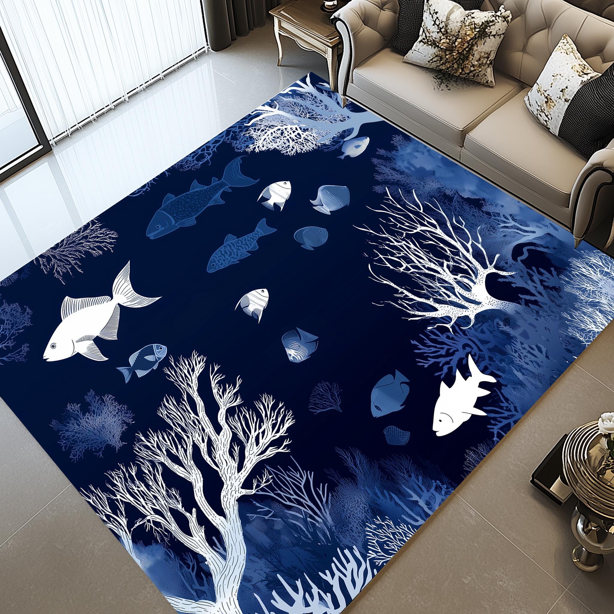 Deep Blue Aquarium Rug, Modern Fish Rug, Fish Area Rug, Abstract Fish ...