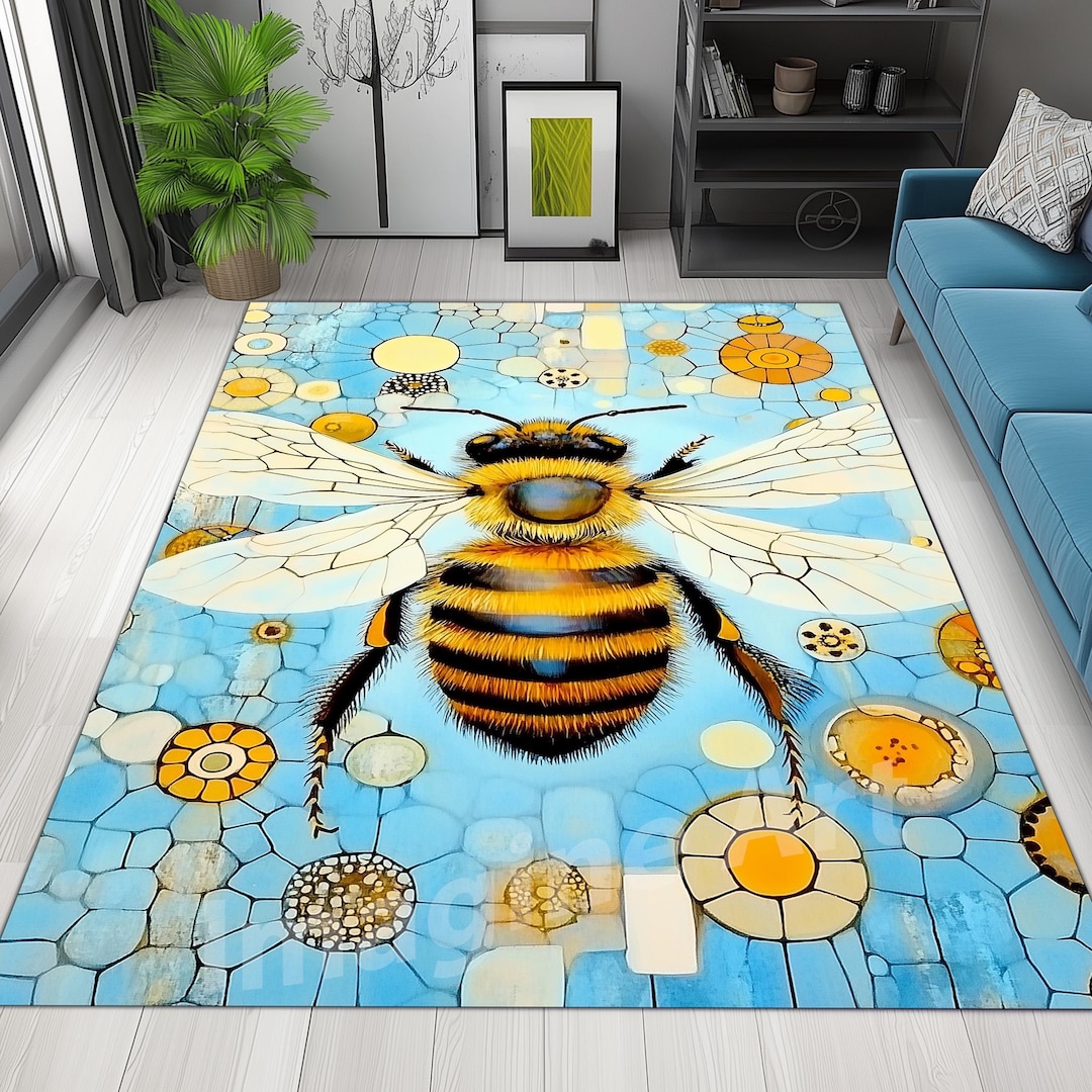 Blue Honey Bee Print Rug, Honey Bee Area Rug, Sunflowers Honey Bee Area ...
