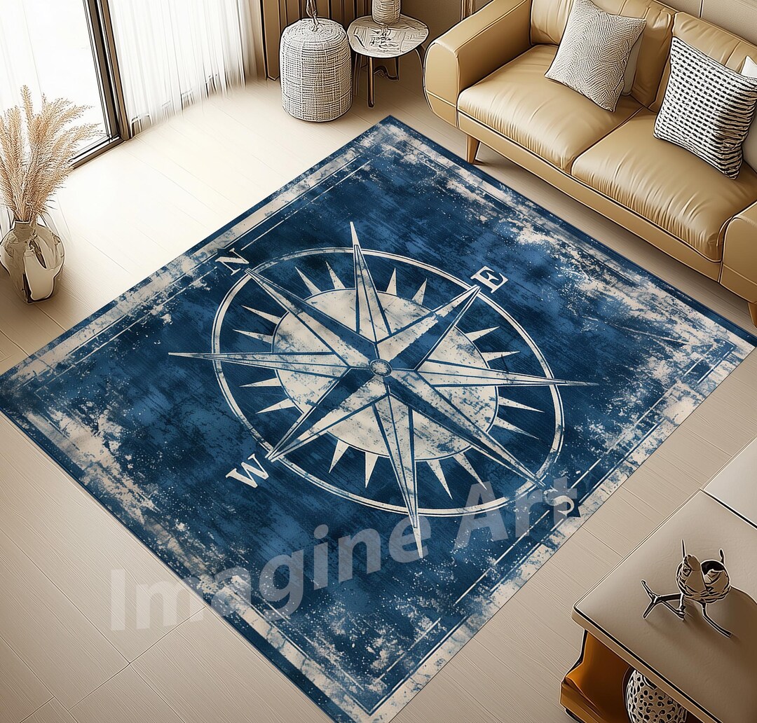 Navy Blue Compass Area Rug: Nautical Maritime Decor - Etsy