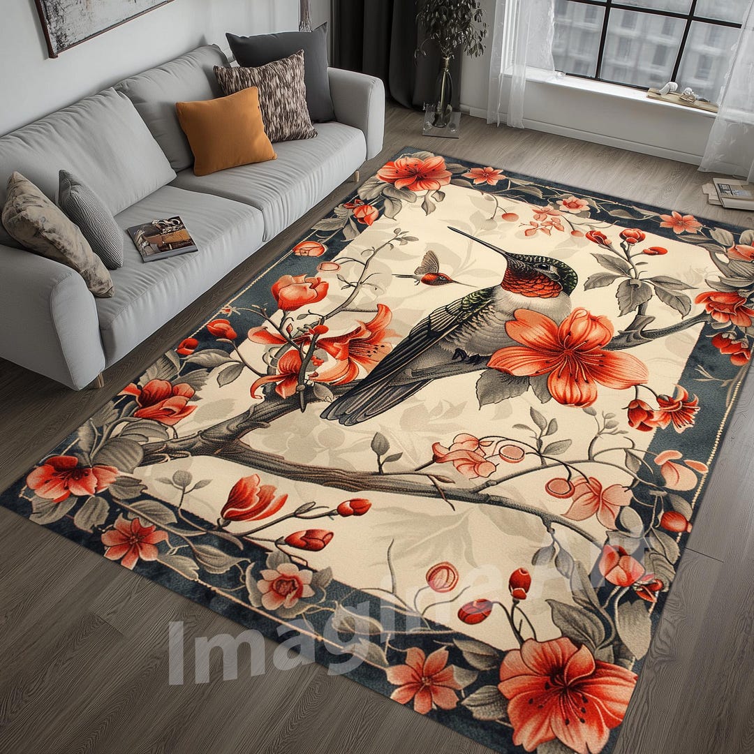 Traditional Hummingbird Area Rug, Bird Lover Gift, Floral Hummingbird ...