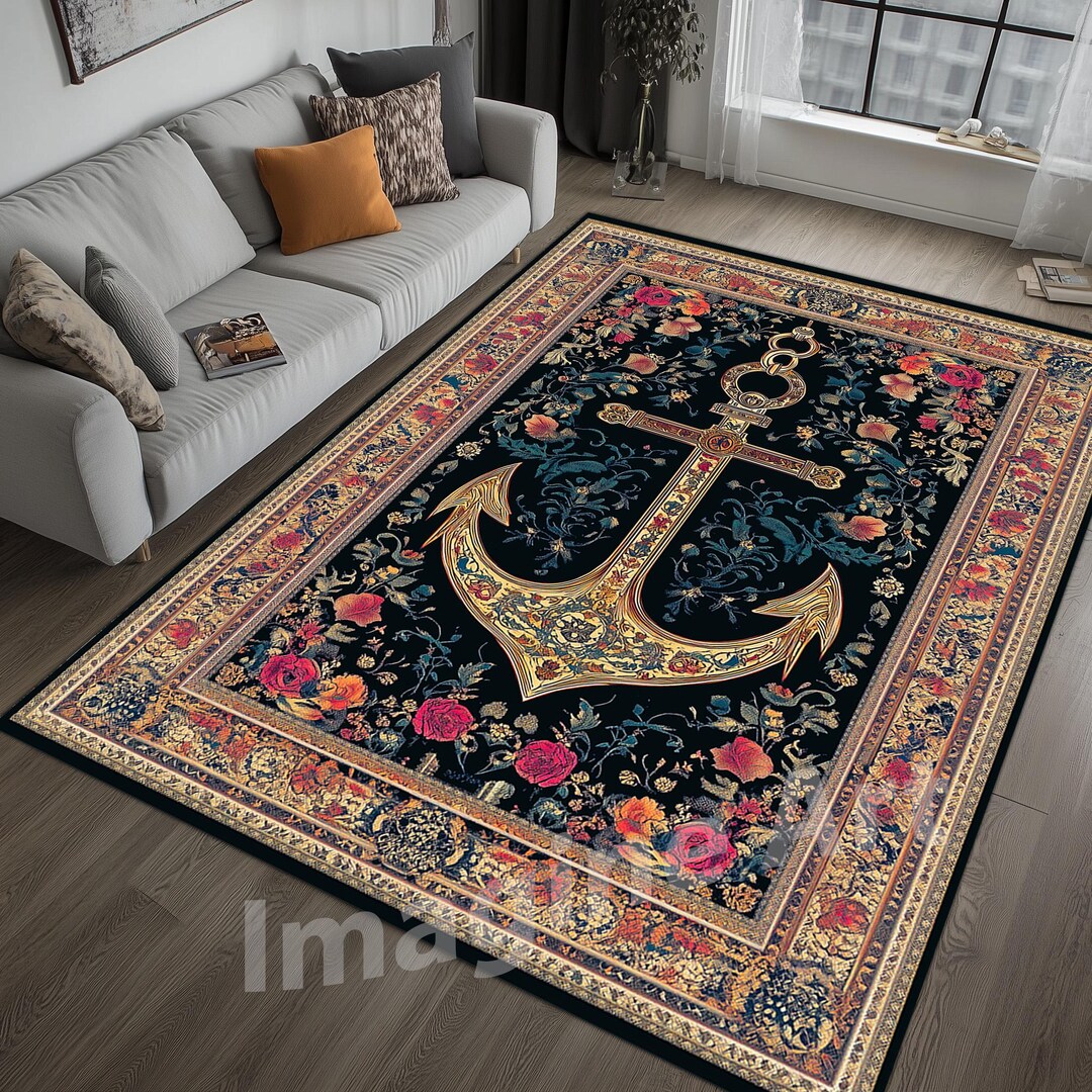 Occult Gold Anchor Area Rug: Retro Nautical Sailor Rug - Etsy