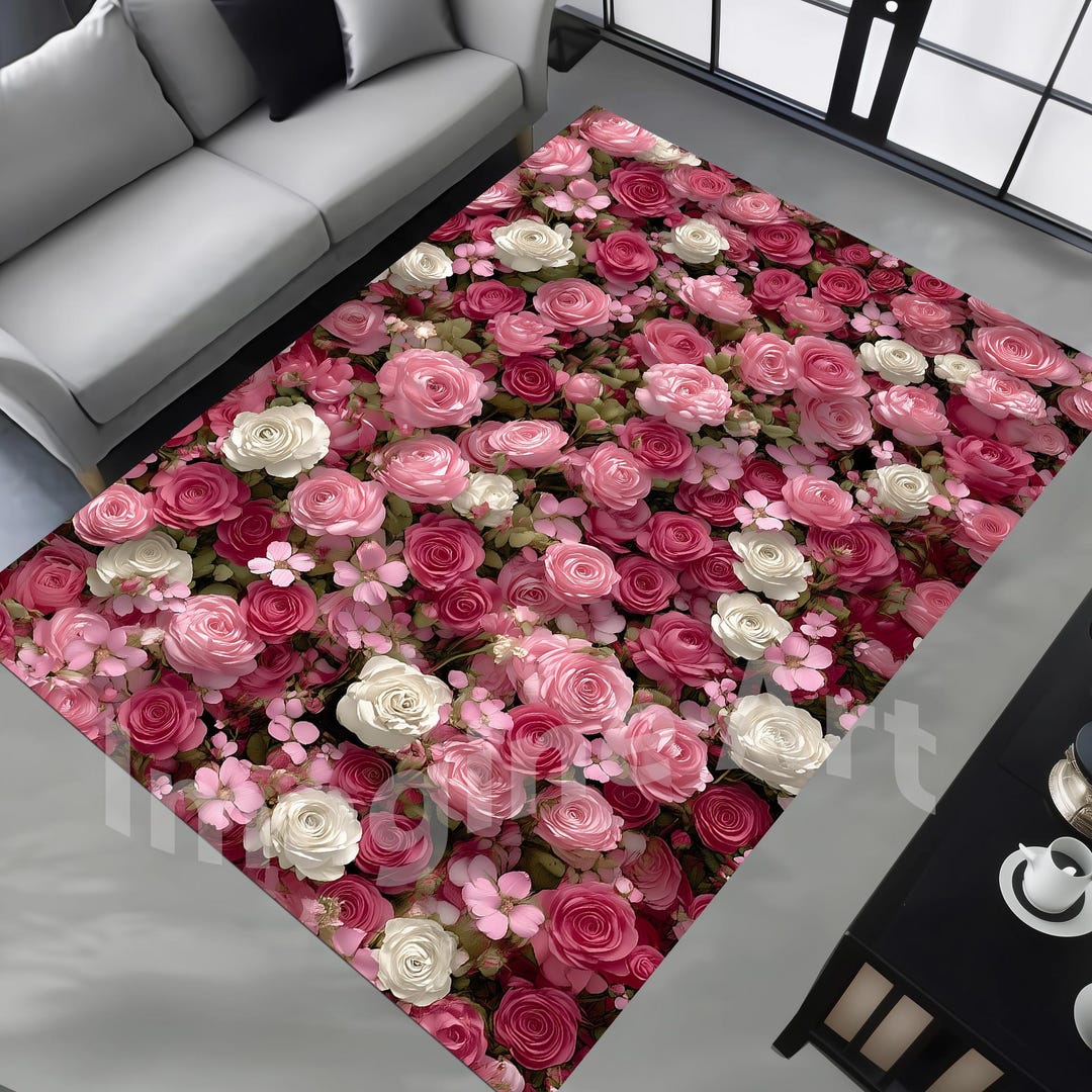 Pink White Roses Rug: Floral Design Nature Roses, Velvet Low Pile, Non ...