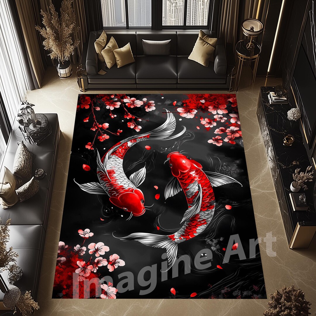 Red Koi Art Rug, Japanese Koi Fish Rug, Floral Fish Area Rug, Flowers ...