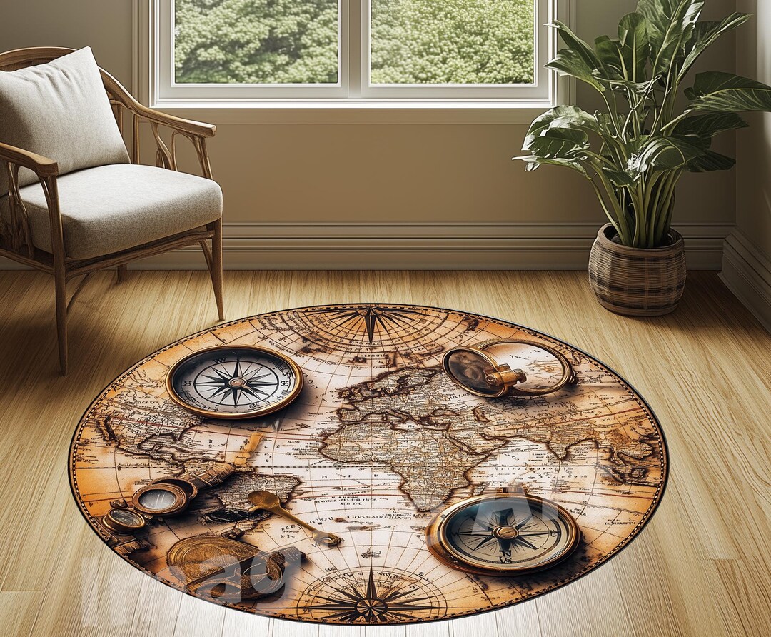 Round Nautical Theme Area Rug, Round Compass Rug, Round Nautical Rug ...