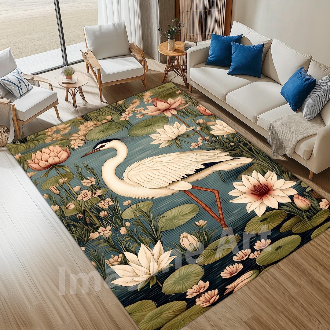 Crane and Water Lily Area Rug: Floral Pond Decor - Etsy
