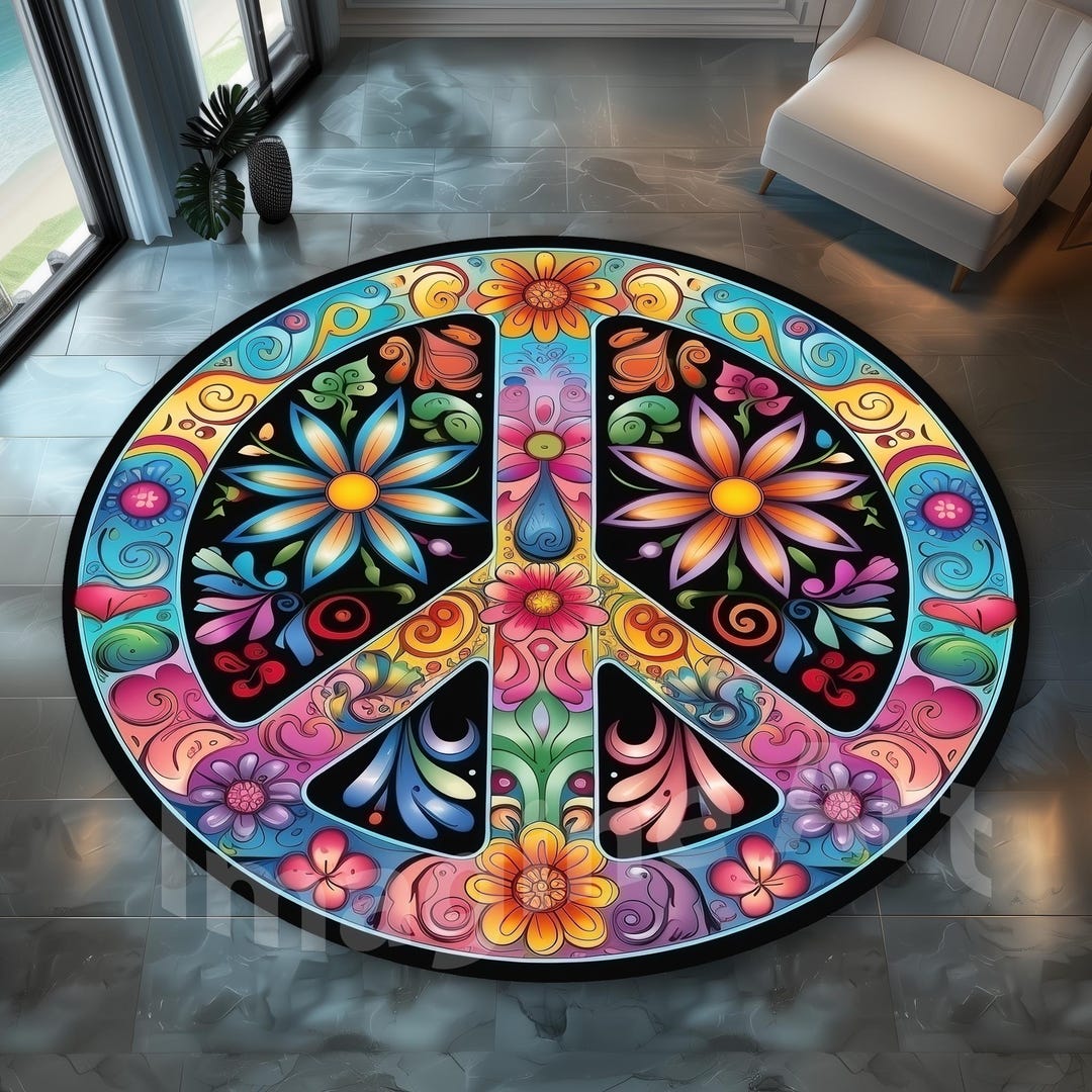 Vivid Peace Sign Rug: Floral, Vivid, Round Design, Bohemian Hippie ...