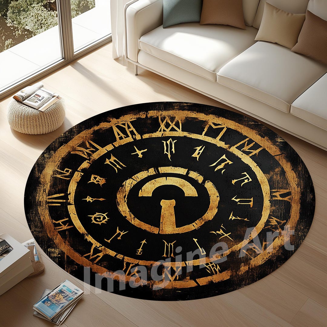 Round Spell Sigil Rug, Round Spell Rug, Round Gold Pattern Rug, Round ...