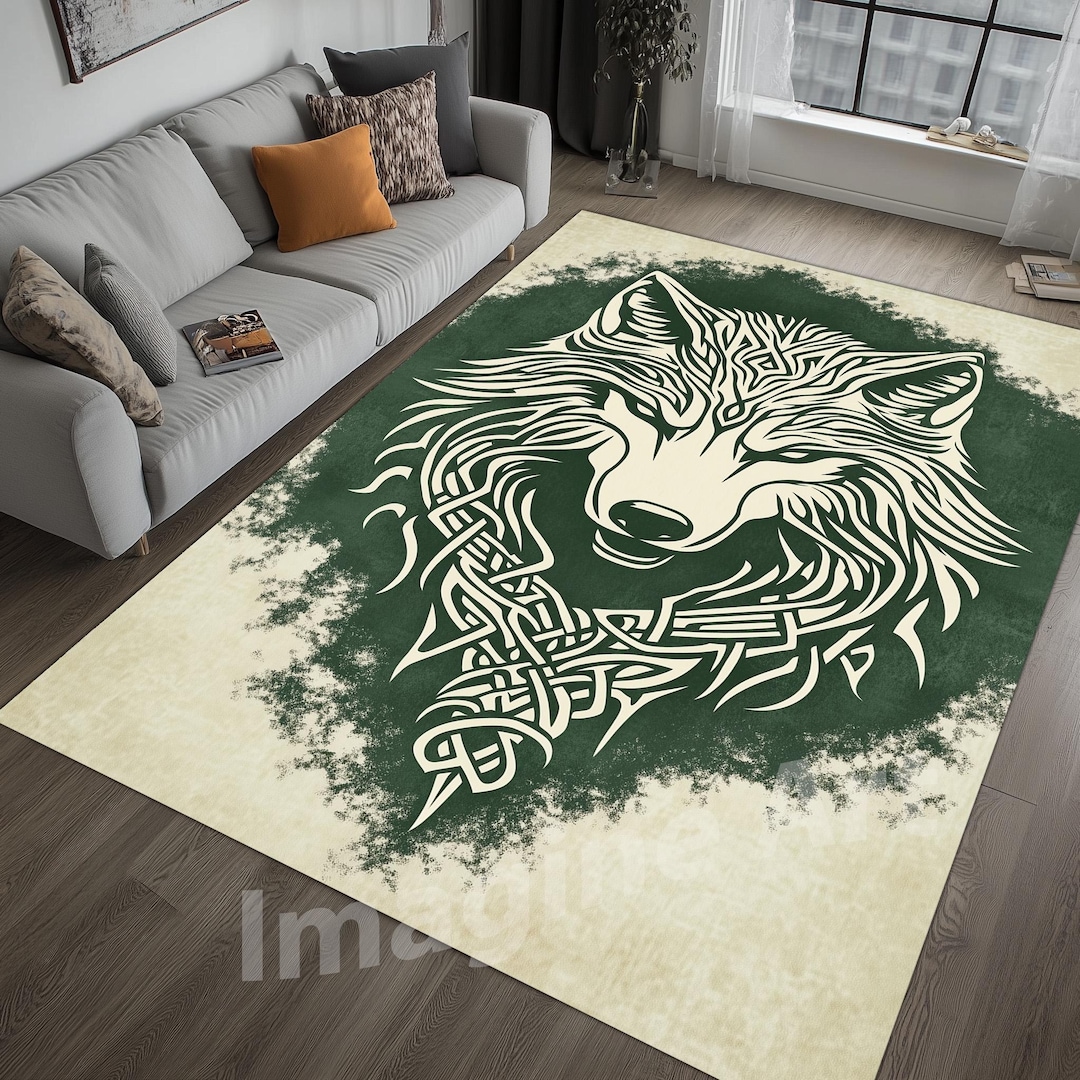 Green Wolf Area Rug: Norse Runes, Viking Decor - Etsy