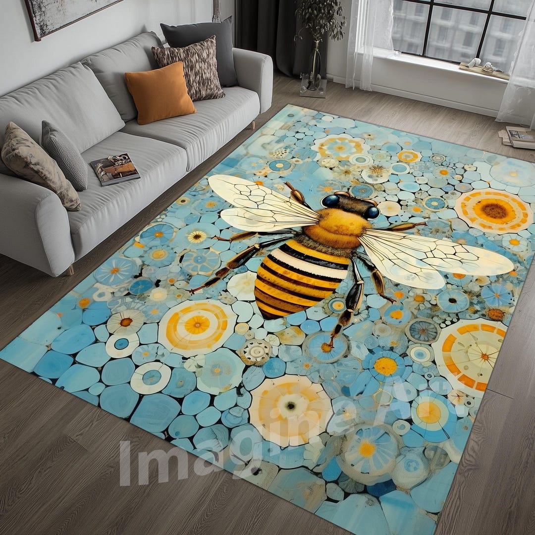 Honey Bee Gustav Klimt Style Area Rug, Blue Honey Bee Print Rug ...